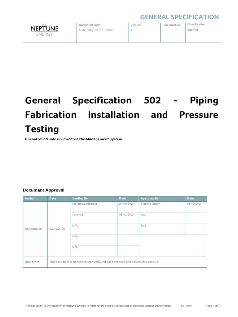 MSD-PROJ-AK-12-00502 - General Specification 502 - Piping Fabrication Installation and Pressure ...