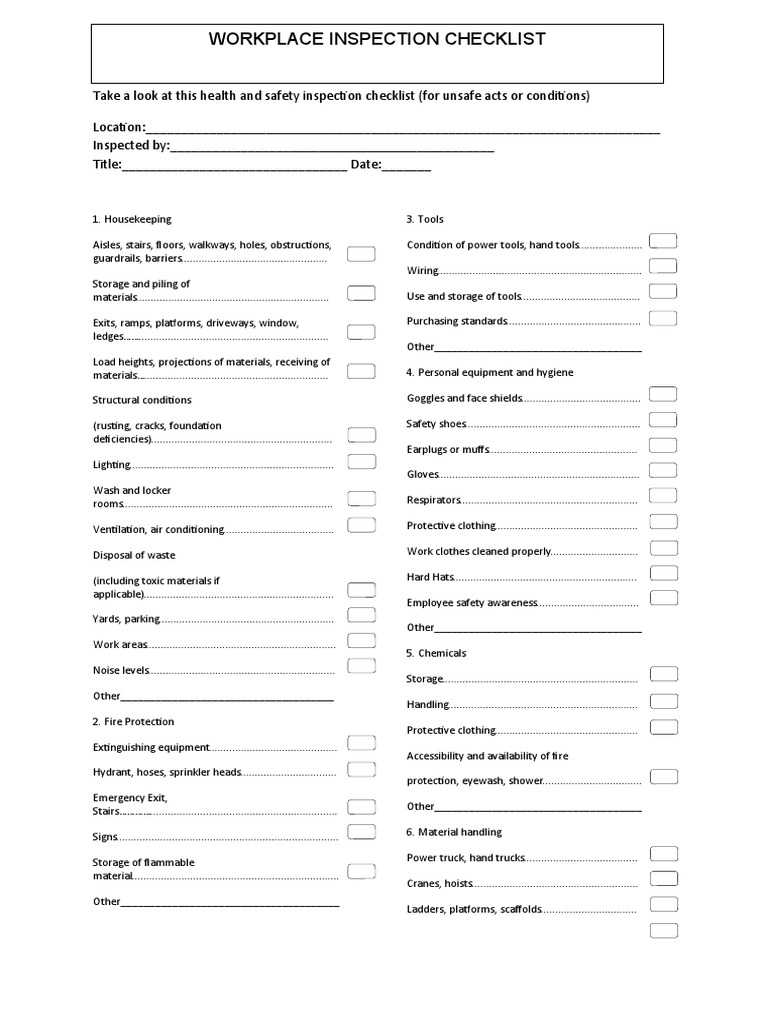Health and Safety Inspection Checklist | PDF | Personal Protective ...