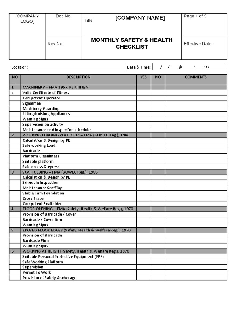 Monthly - Inspection - Checlkist | PDF | Occupational Safety And Health ...