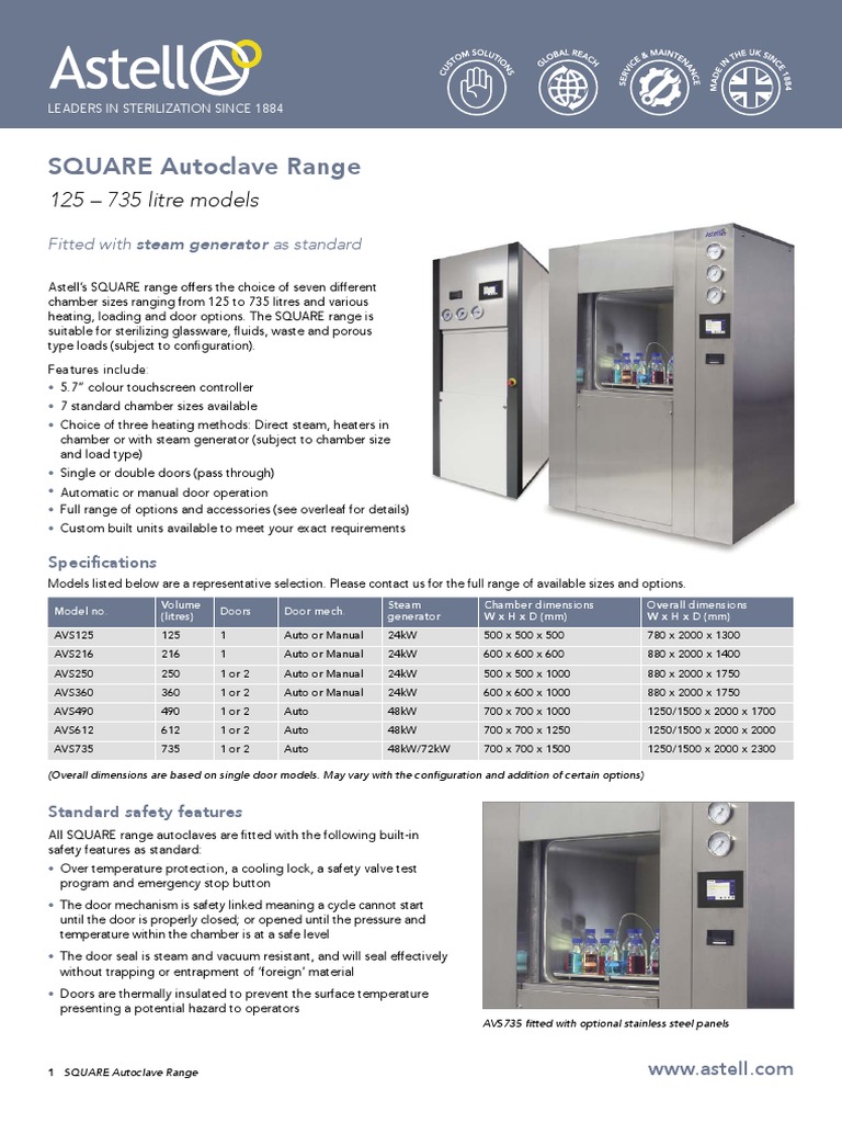 Astell SQUARE Autoclave Specifications | PDF | Boiler | Steam