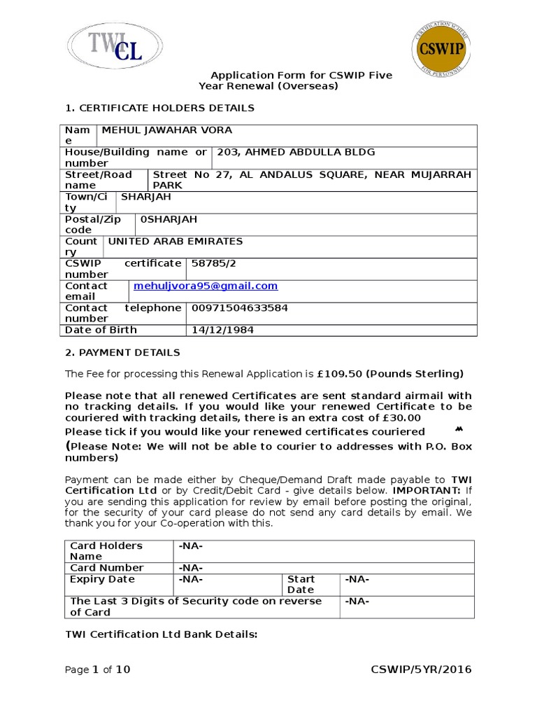 Renewal Application for a Five Year CSWIP Certification in Quality ...
