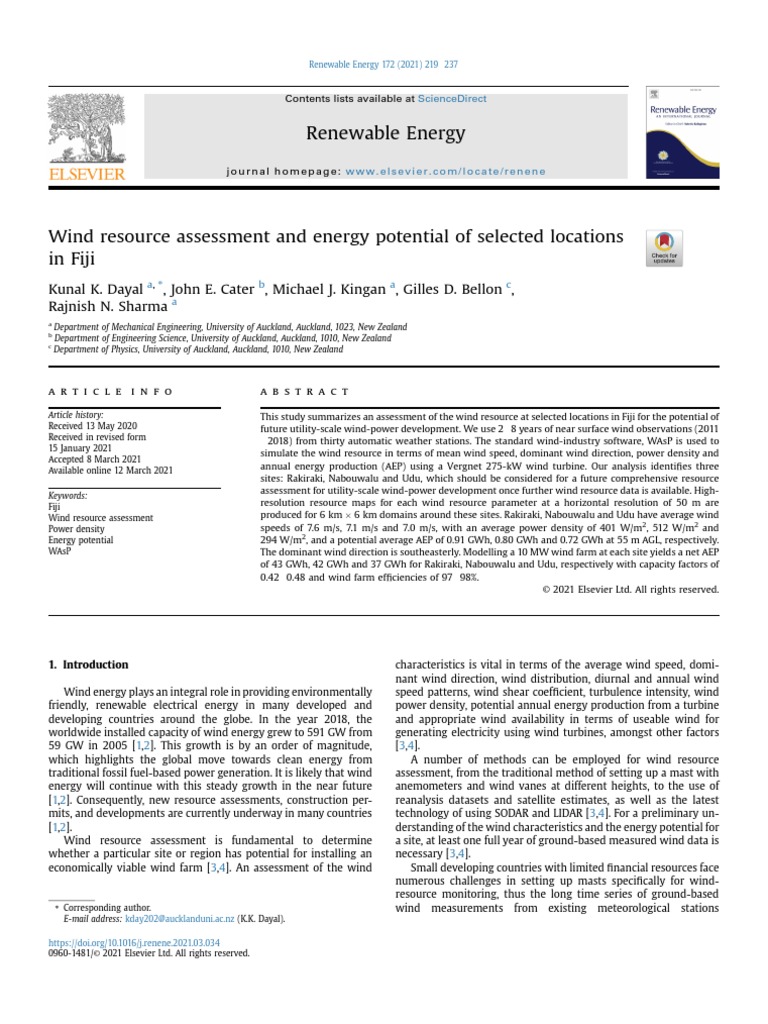 Wind Resource Assessment and Energy Potential of Selected Locations ...