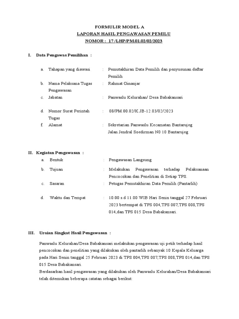 17 LHP Uji Petik PKD Desa Babakansari - 27!02!23 | PDF