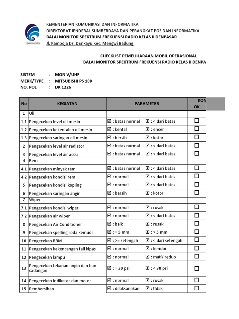 Checklist Pemeliharaan Mobil Operasional | PDF