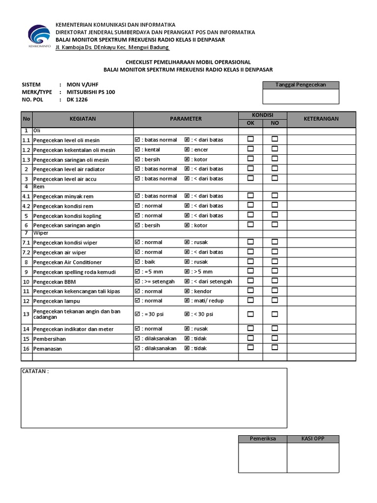 Checklist Maintenance Mobil Harian | PDF