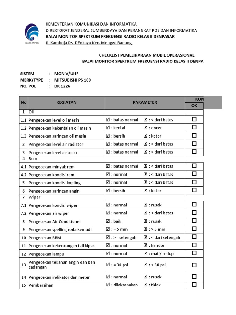 Checklist Pemeliharaan Mobil Operasional | PDF