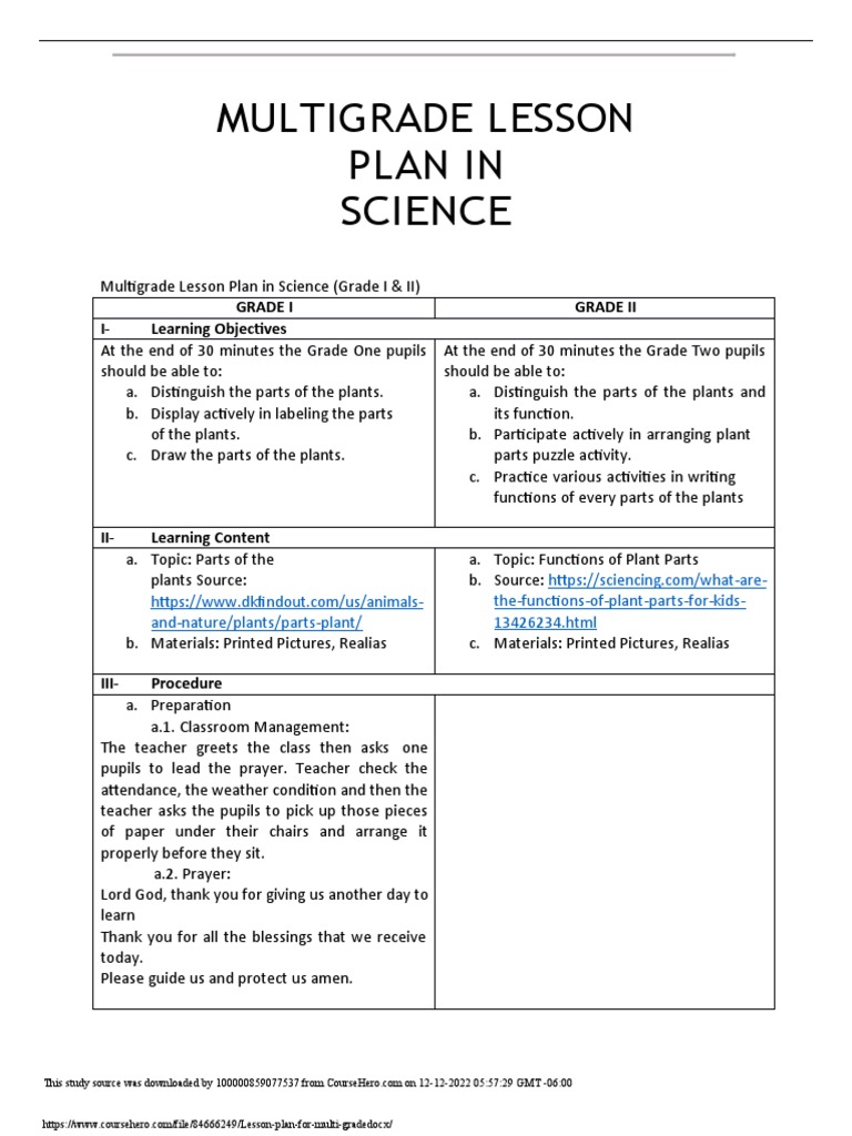 Lesson Plan For Multi Grade | PDF | Flowers | Teachers