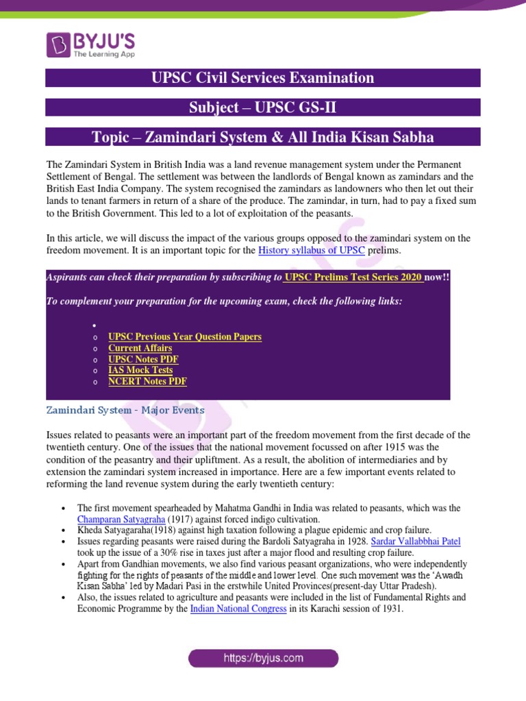 Zamindari System All India Kisan Sabha UPSC Notes | PDF | Indian ...
