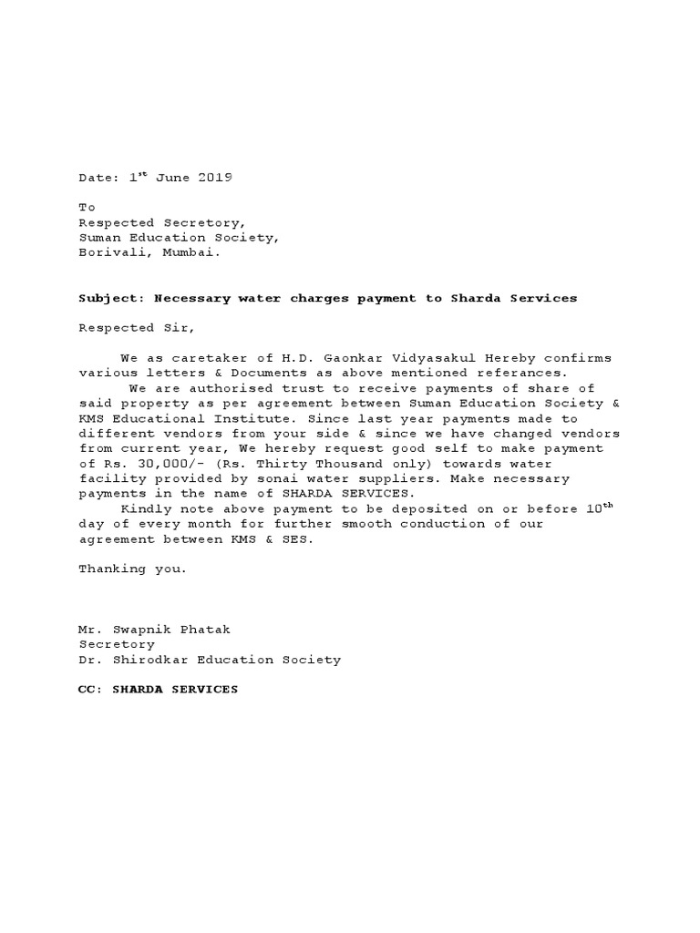Letter From Shirodkar On 30 May Water Payment | PDF