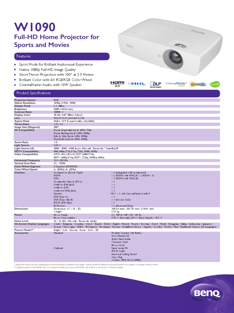 BenQ W1090 Datasheet | PDF | Hdmi | Video