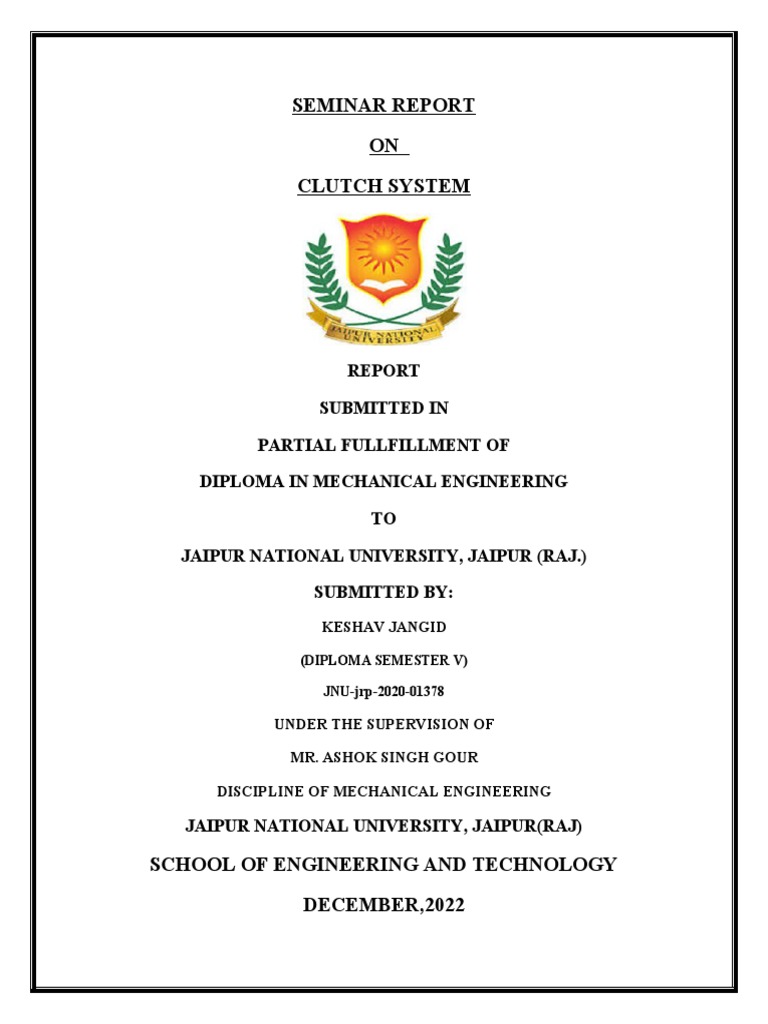 Keshav Jangir Seminar Front Page | PDF | Clutch | Manufactured Goods