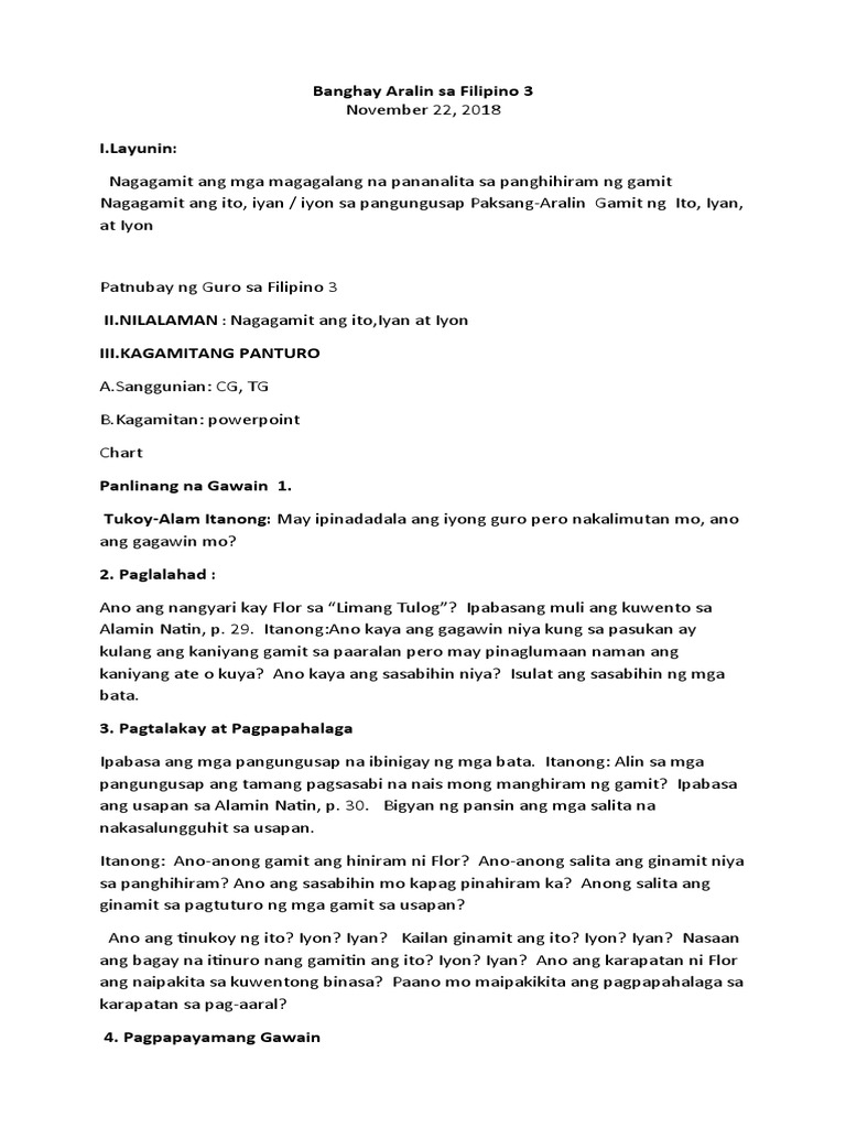Banghay Aralin Sa Filipino 3 Cot Nov. 22 | PDF