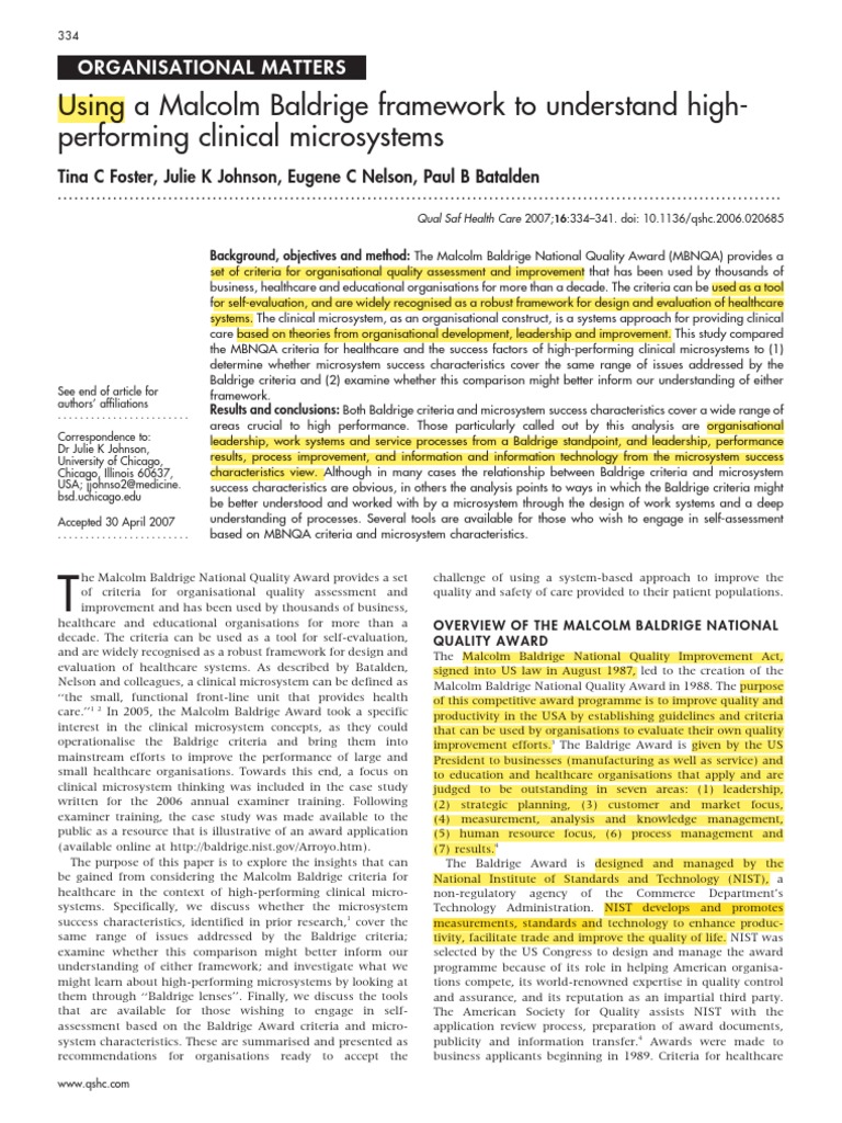 Using Malcolm Baldrige Framework | PDF | Health Care | Customer ...