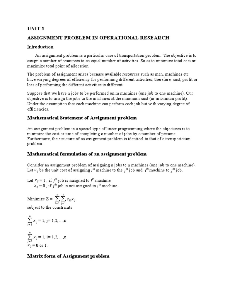 Assignment Problem in Operational Research | PDF | Mathematical Optimization | Linear Programming