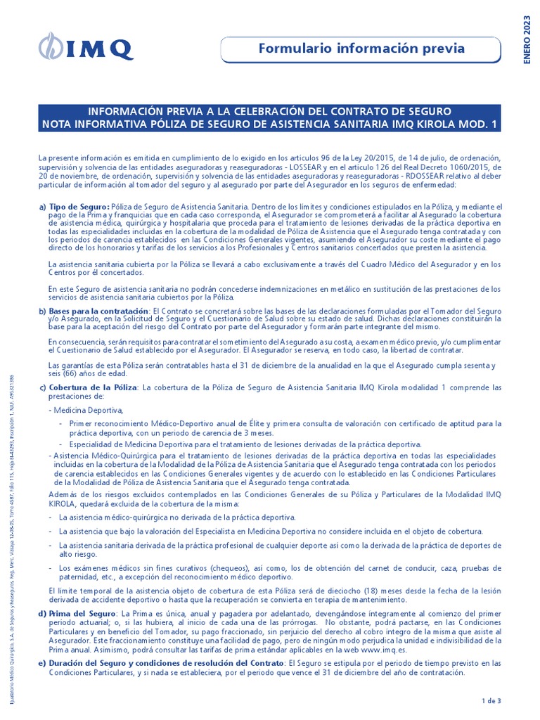 I PREVIA Nota Informativa Kirola 1 | PDF | Seguro | Reaseguro