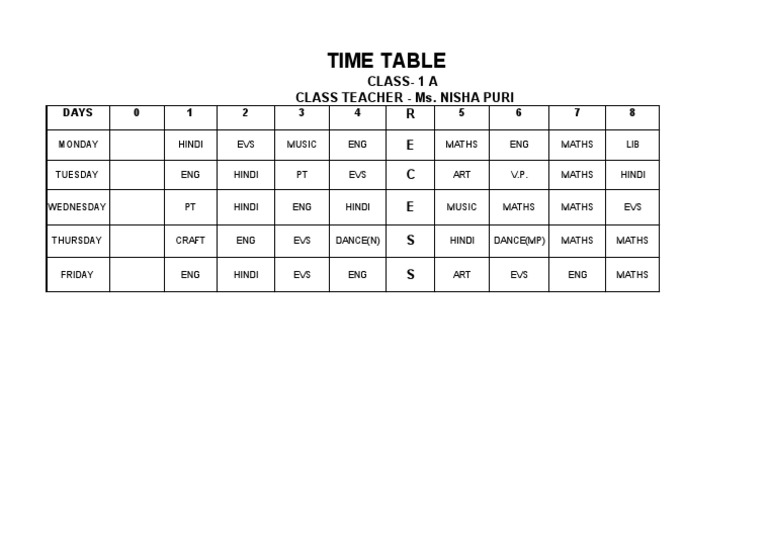 Class 1A Timetable with Subjects by Day | PDF