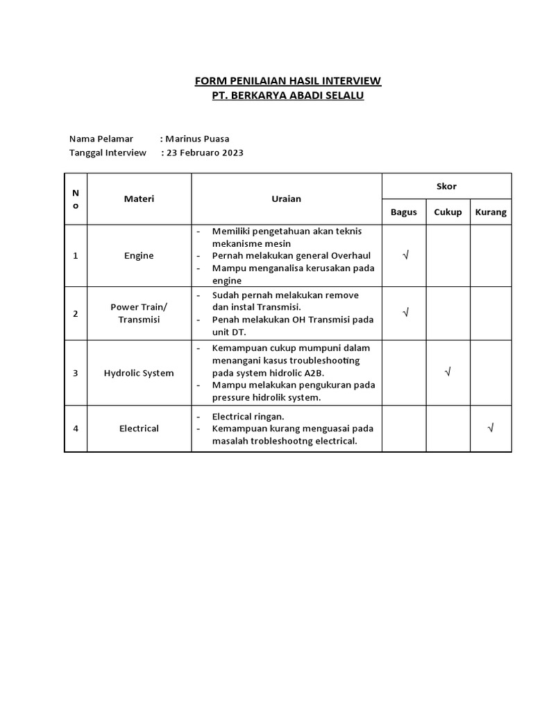 Form Penilaian Hasil Interview | PDF