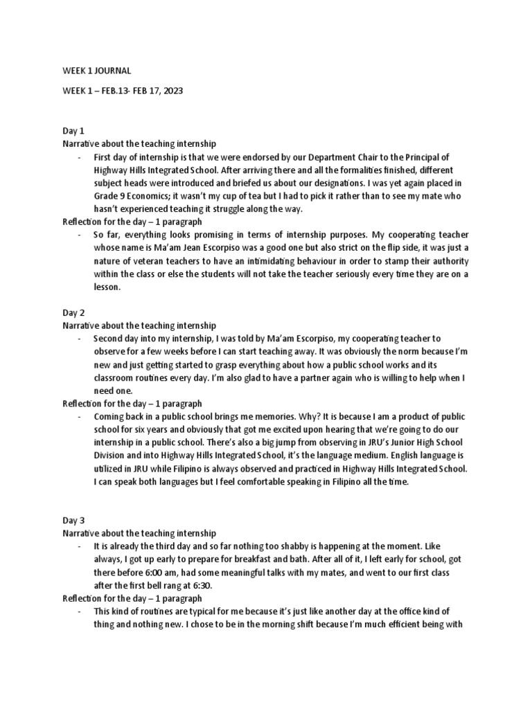 Week 1 Journal (Internship) Aboguin, Brian | PDF | Teachers | Behavior ...