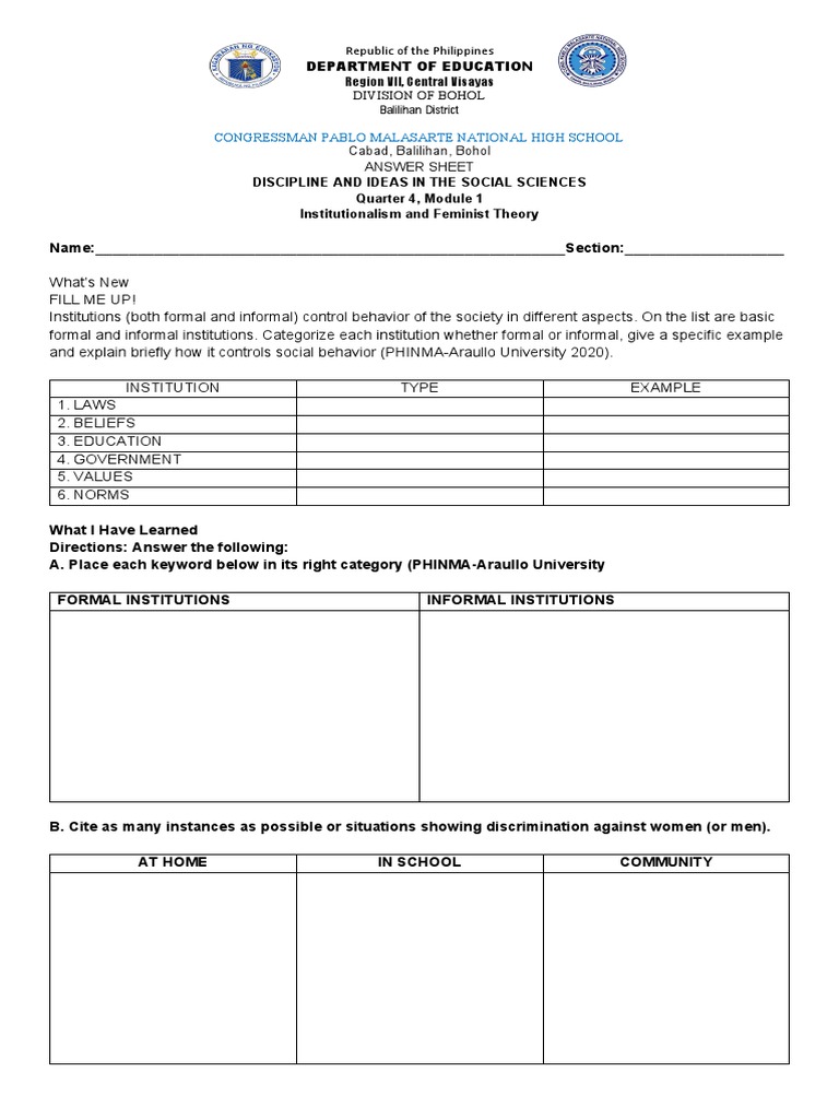 DISS ANSWER SHEETs | Download Free PDF | Institution | Social Sciences