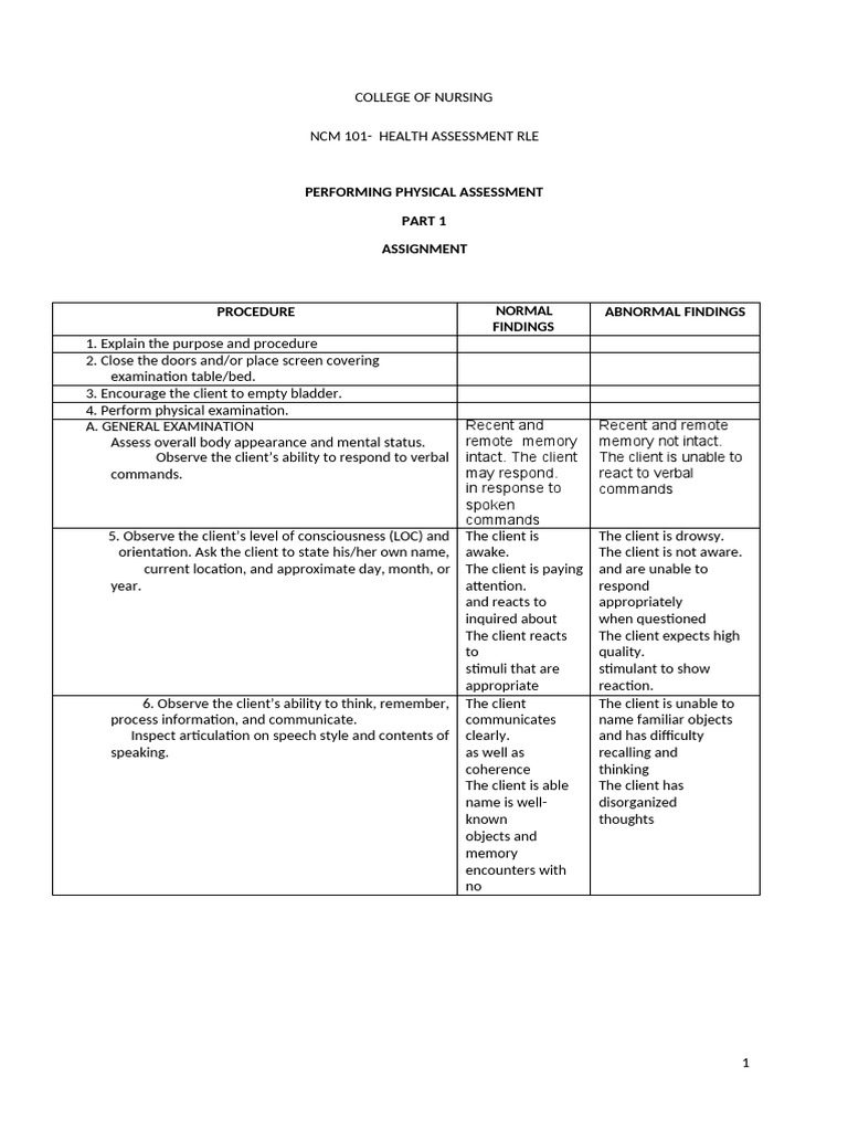 PHYSICAL ASSESSMENT PART 1 ASSIGNMENT - SUZUKIdocx | PDF | Ear | Nail ...