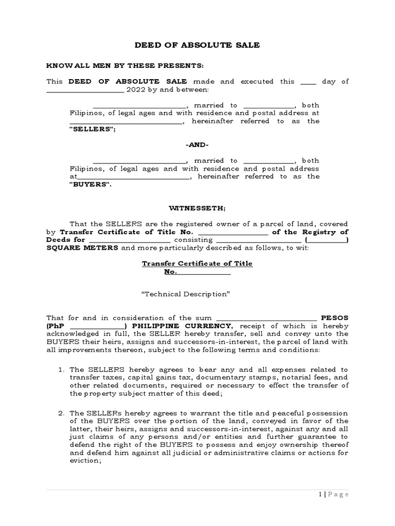 Deed of Absolute Sale-DRAFT | PDF | Title (Property) | Deed