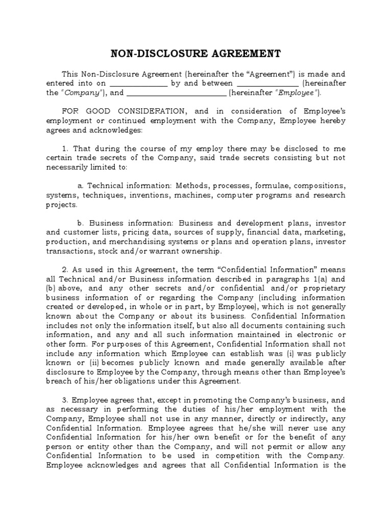 Non-Disclosure Agreement For Employment-Draft | PDF | Non Disclosure ...