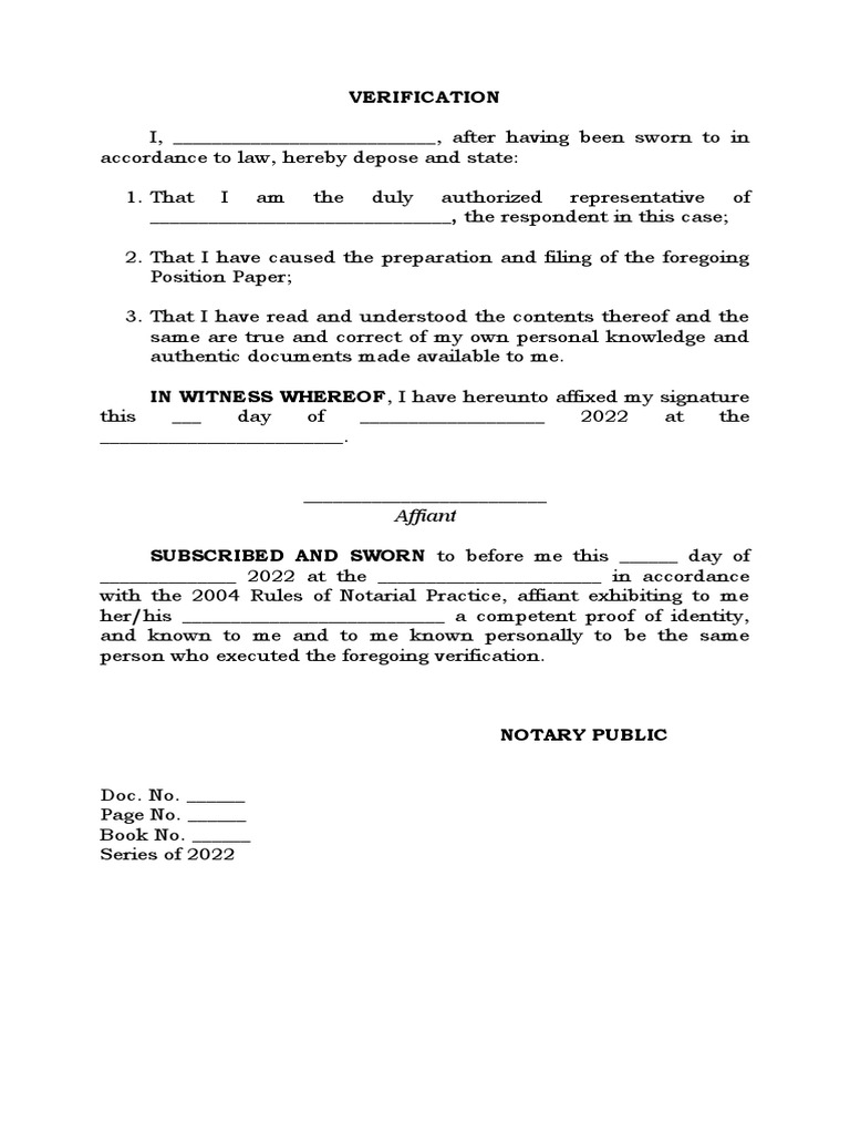 Verification and Secretary's Certificate-DRAFT | PDF | Affidavit | Notary Public