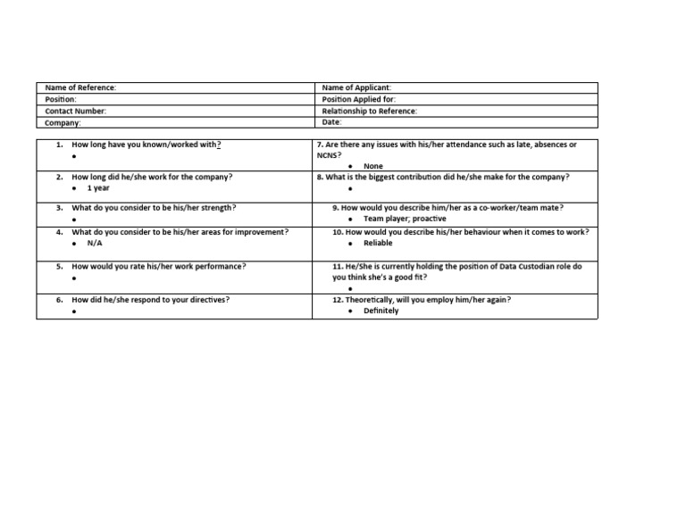 Applicant Reference Evaluation Template | PDF