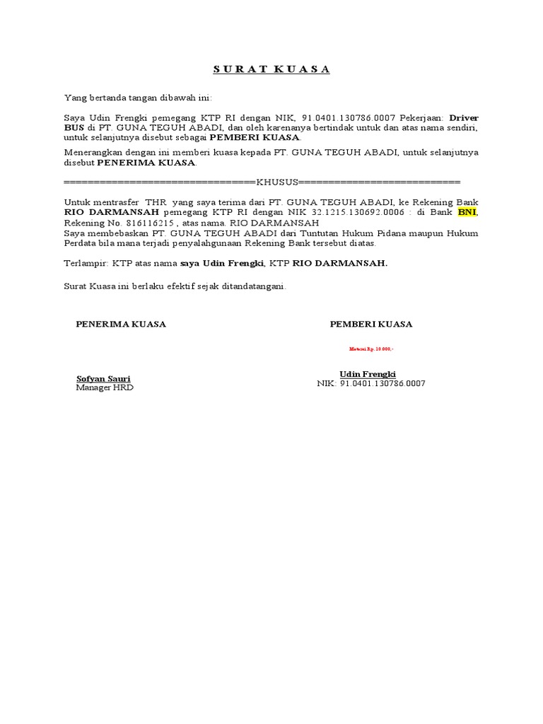 Surat Kuasa - Rekening Bank PT - Gta | PDF