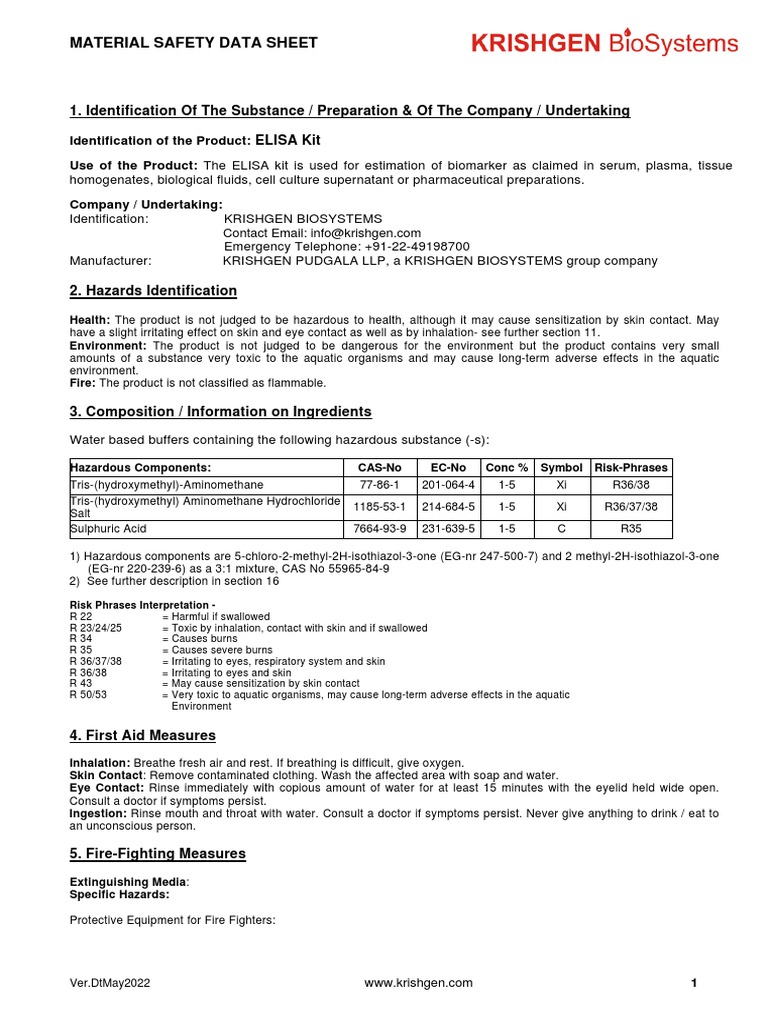KP-KB_MSDS_Generic_Version_ELISA-updatedver27-08-2022 | PDF | Waste | Water