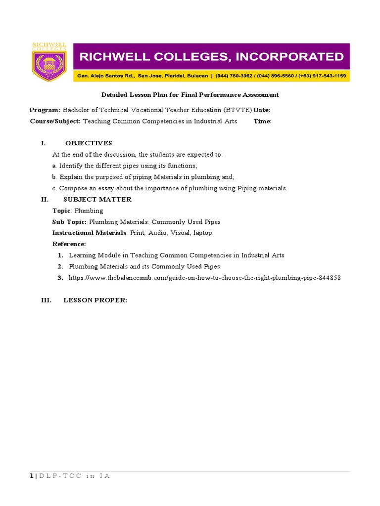 Detailed Lesson Plan in Industrial Arts | PDF | Plumbing | Pipe (Fluid ...