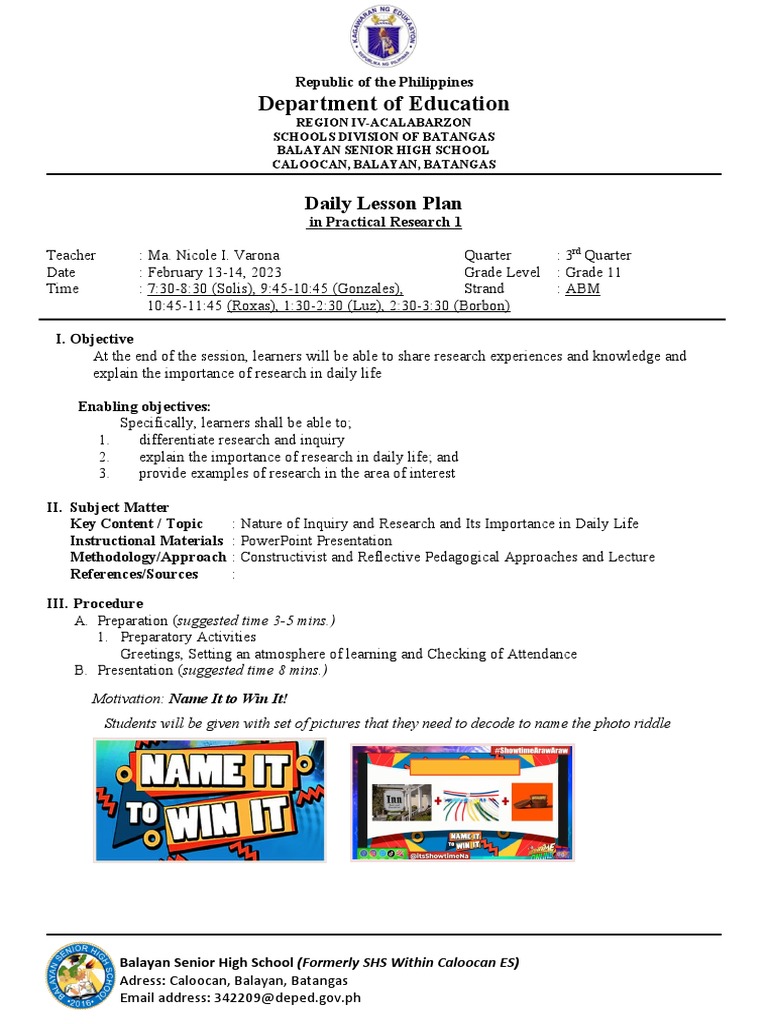 Grade 11 Research Lesson Plan | PDF | Inquiry | Scientific Method