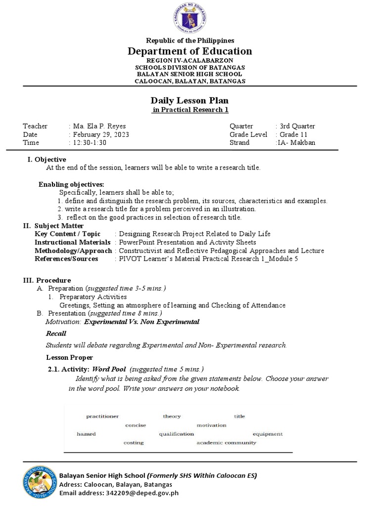 PR1-Research Title | PDF | Learning | Lesson Plan