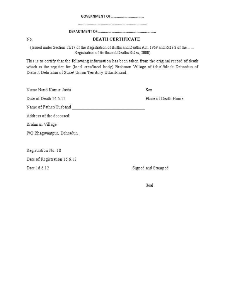 Death Certificate Nand Kumar | PDF
