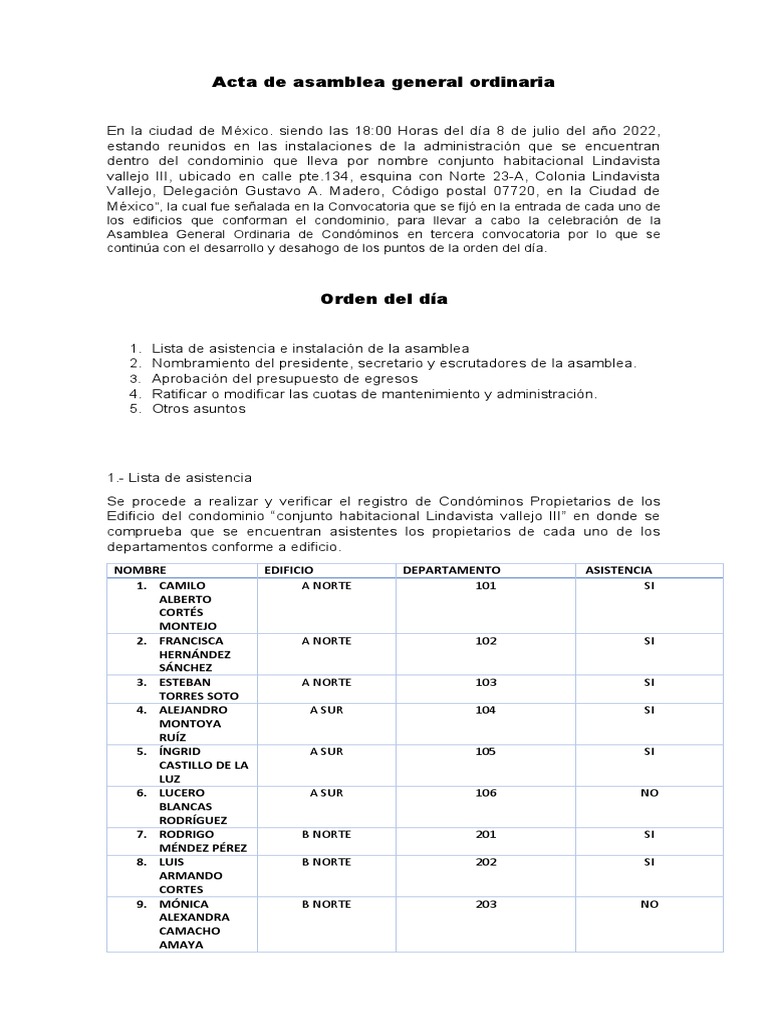 Acta de Asamblea Condominio | PDF | Condominio | Ley de bienes inmuebles