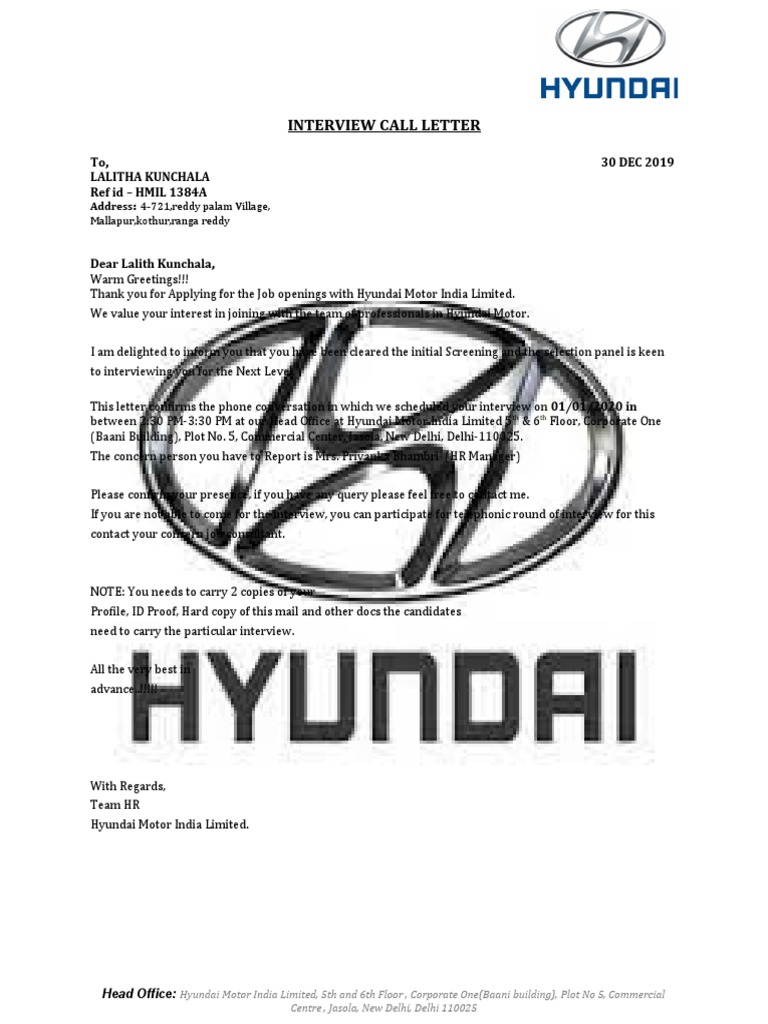 Hyundai Interview Call Letter | PDF