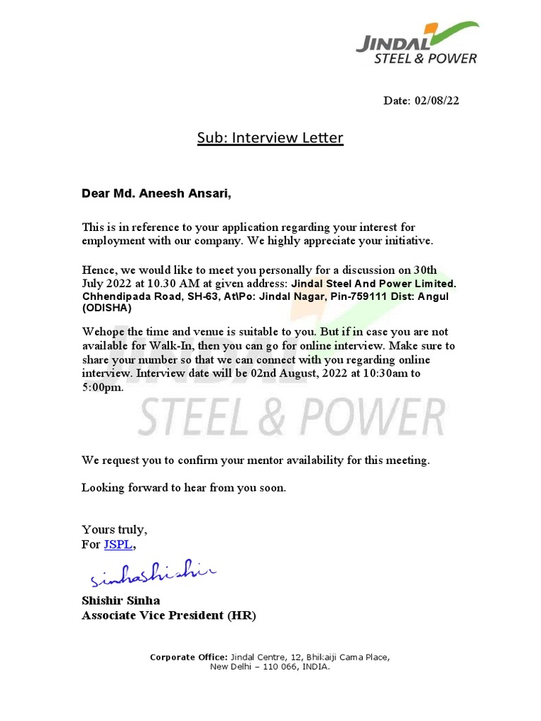 Jindal Odisa Interview Call Letter | PDF