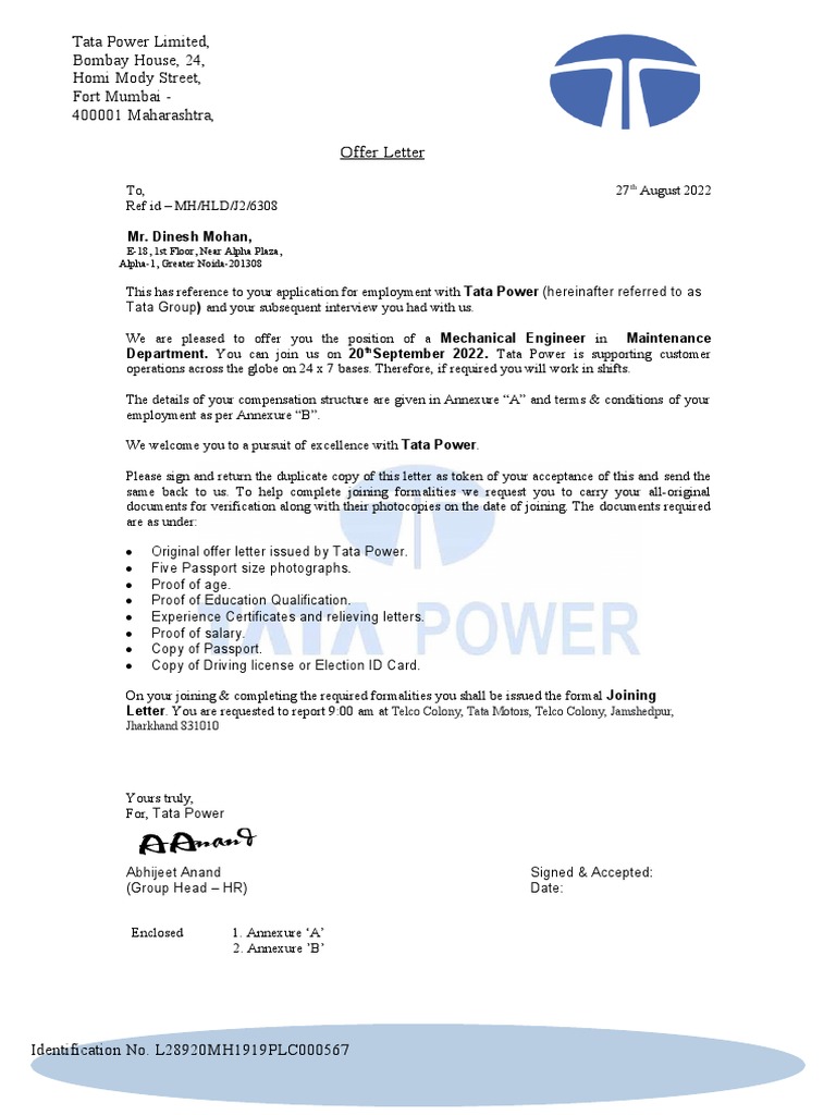 Tata Steel Offer Letter | PDF | Identity Document | Government