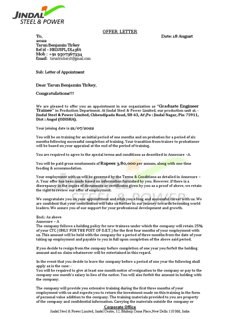Offer Letter Jindal | PDF