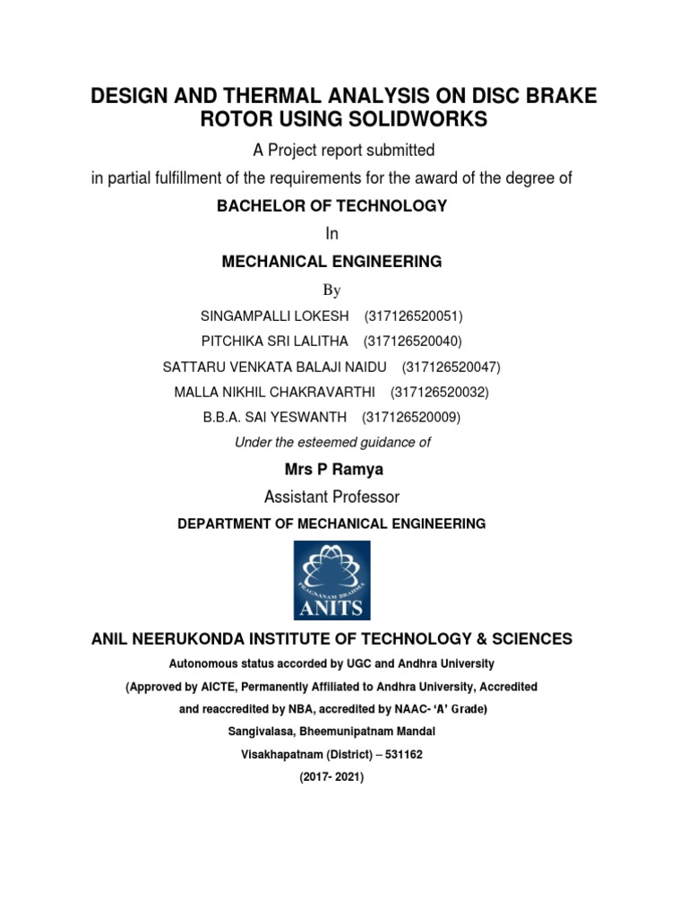 Design and Thermal Analysis On Disc Brake Rotor Using Solidworks | PDF ...