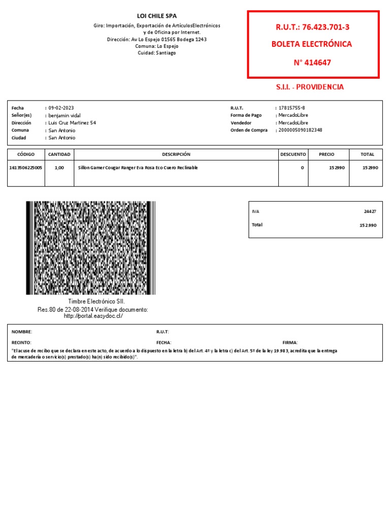 Boleta Electrónica R.U.T.: 76.423.701-3: Loi Chile Spa | PDF