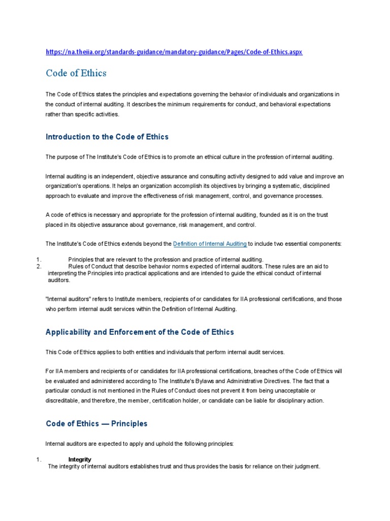 Code of Ethics of Internal Auditing | PDF | Internal Audit | Audit