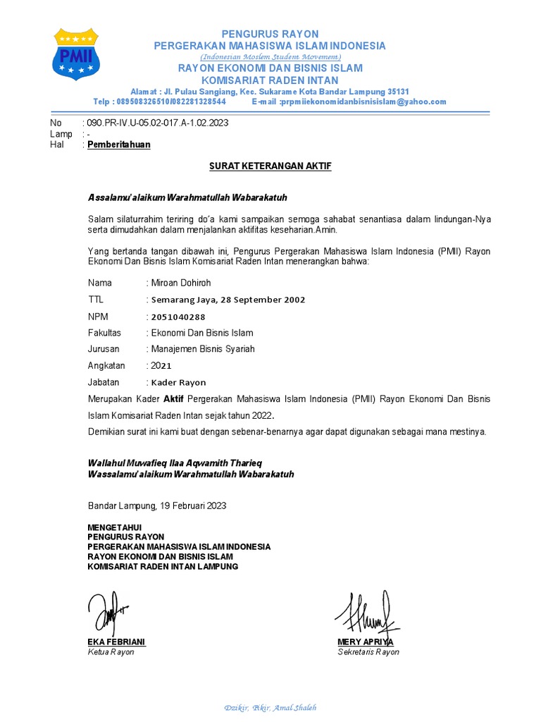 Surat Keterangan Aktif PMII | PDF | Bisnis | Perjalanan