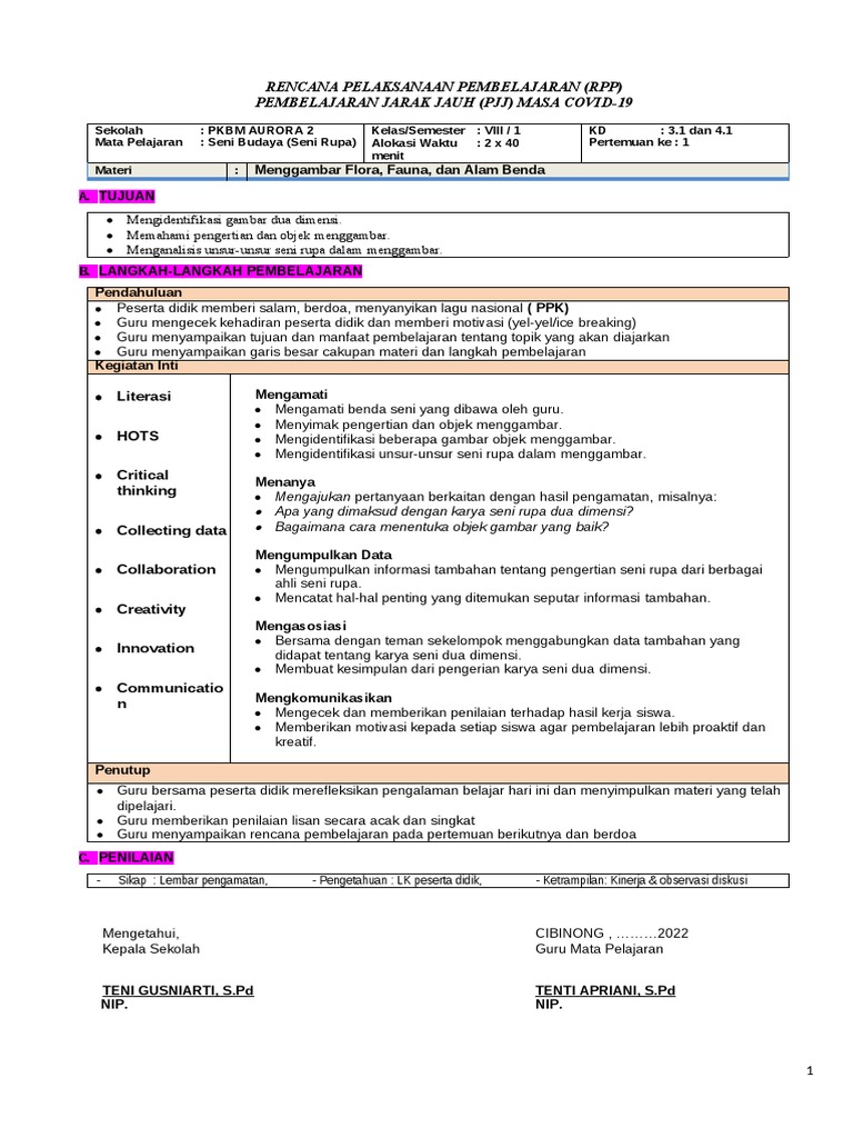 RPP Seni Budaya Rupa Kelas 7 Sem 1-2 Sudah Selesai | PDF