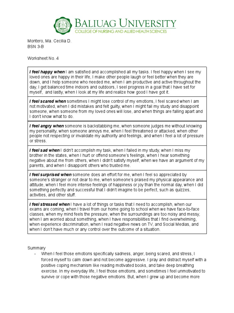 Worksheet 4 | PDF | Feeling | Emotions