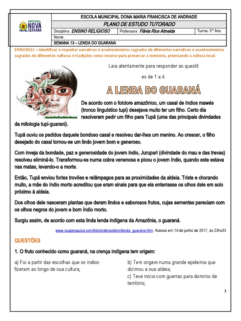 5º Ano - Semana 13 - Lenda Do Guaraná | PDF
