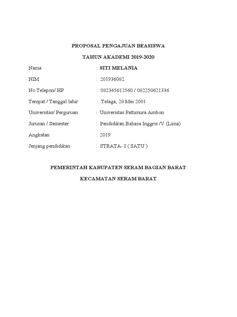 Contoh Proposal Pengajuan Beasiswa Pemda | PDF