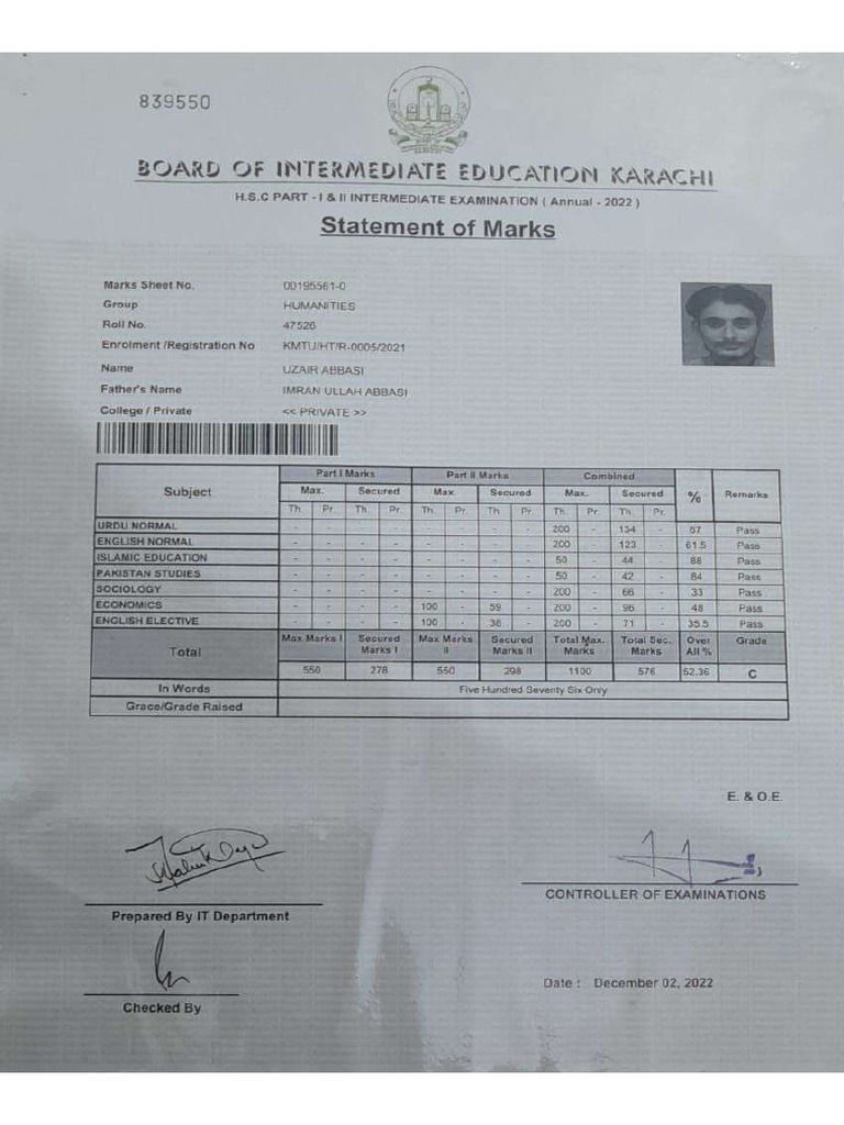 Inter Marksheet | PDF