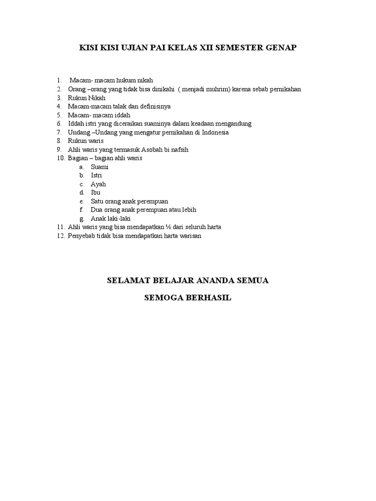 Kisi Kisi Ujian Pai Kelas Xii Semester Genap | PDF | Hukum | Kesehatan Holistik