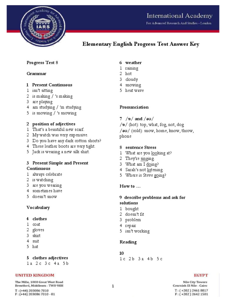 Progress Test 8 Answer Key | PDF